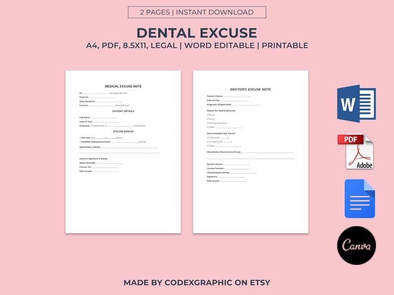 Dental Excuse Note Printable | Doctor Excuse for Work, Dental Doctor ...