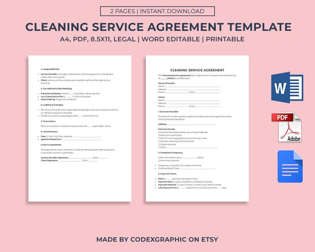 Cleaning Service Agreement Template: Editable Contract & Checklist ...