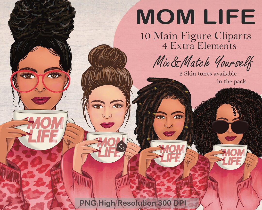 Messy Bun Black Mom Life, Pink Leopard Drink Cappuccino Coffee Tea PNG ...