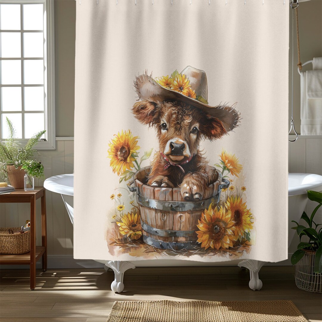 Highland Cow Shower Curtain, Cute Highland Cow in Cowboy Hat Sunflowers ...
