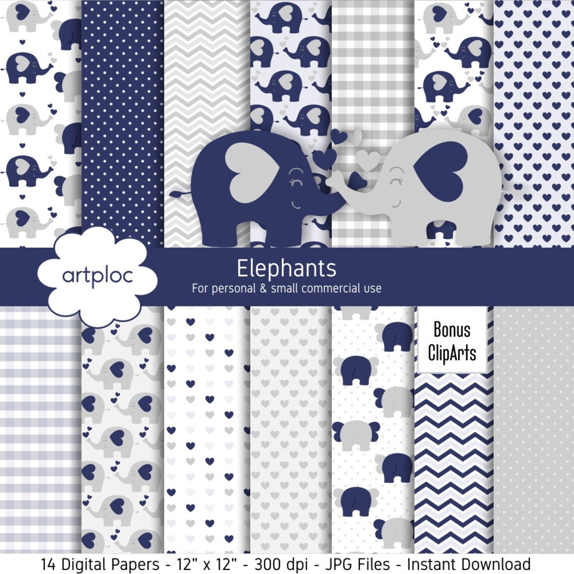 Navy Blue Elephant Digital Paper: navy Blue & Gray Elephant Digital ...