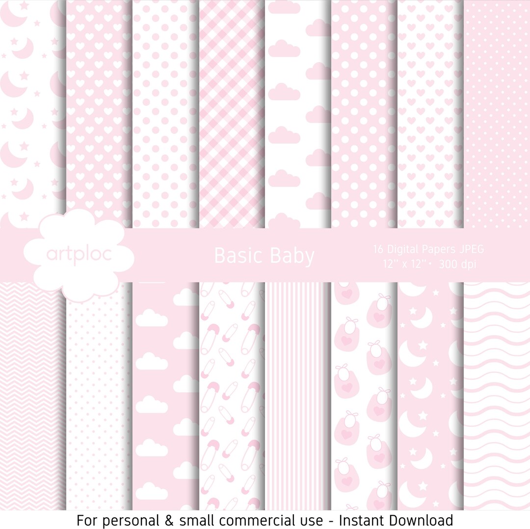Baby Pink Digital Paper With Hearts, Clouds, Moon and Polka Dots, Baby ...