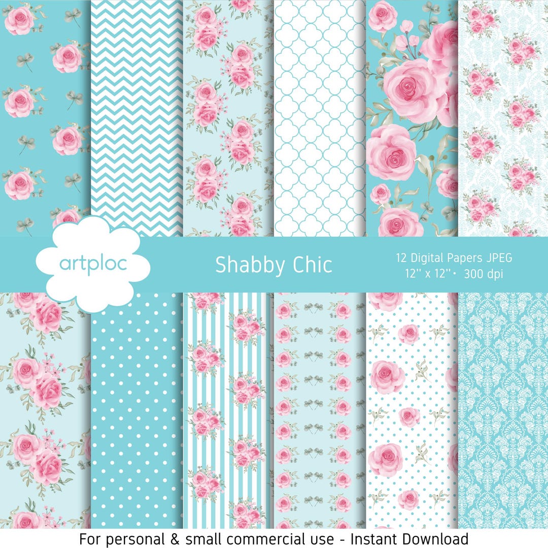 Watercolor Flowers Digital Paper, Turquoise Roses Digital Paper, Shabby ...
