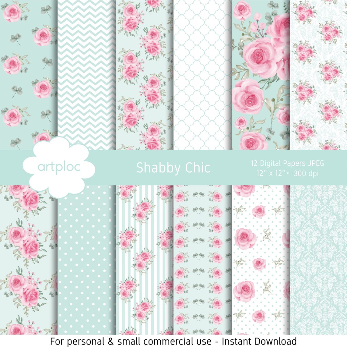 Watercolor Flowers Digital Paper Aqua Green Roses Digital - Etsy