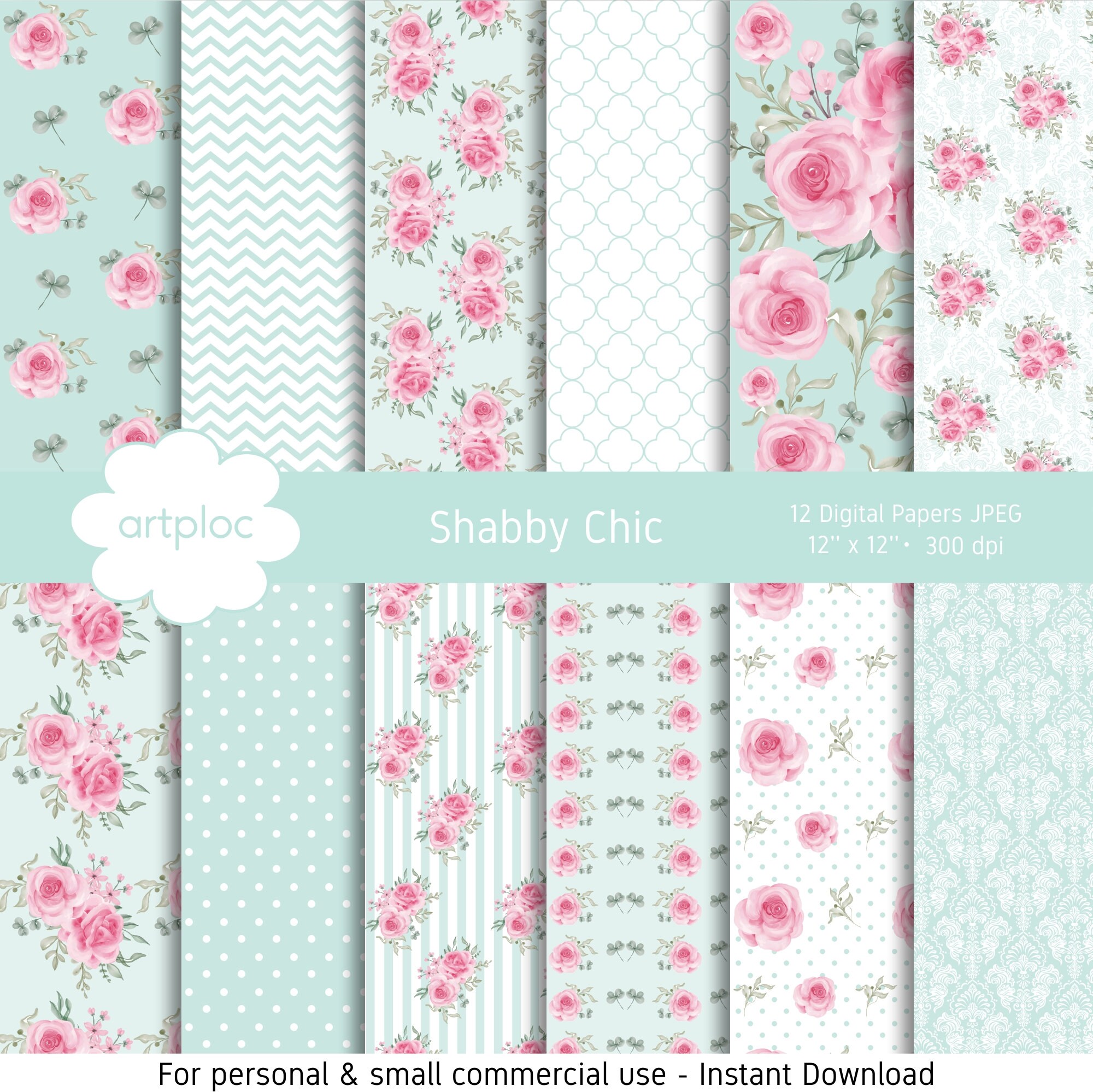 Watercolor Flowers Digital Paper Aqua Green Roses Digital - Etsy