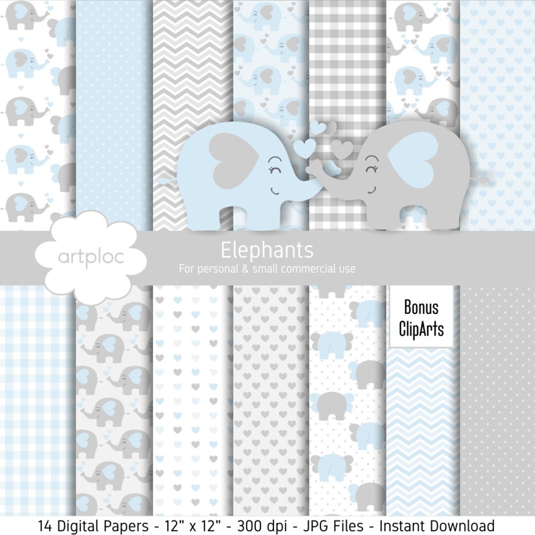Baby Blue Elephant Digital Paper: blue & Gray Elephant Digital Paper ...