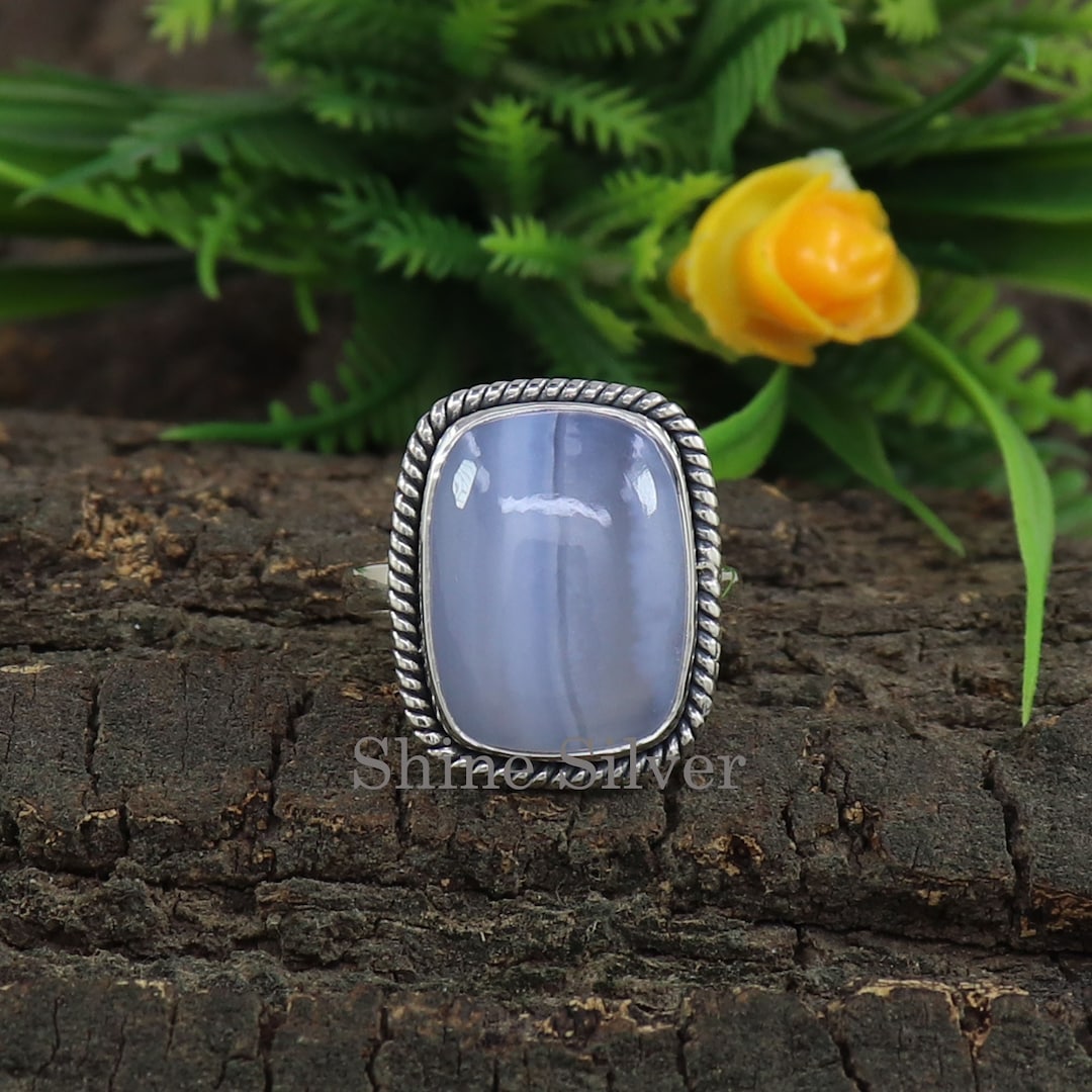 Natural Blue Lace Agate Ring, Sterling Silver Ring, Healing Gemstone ...