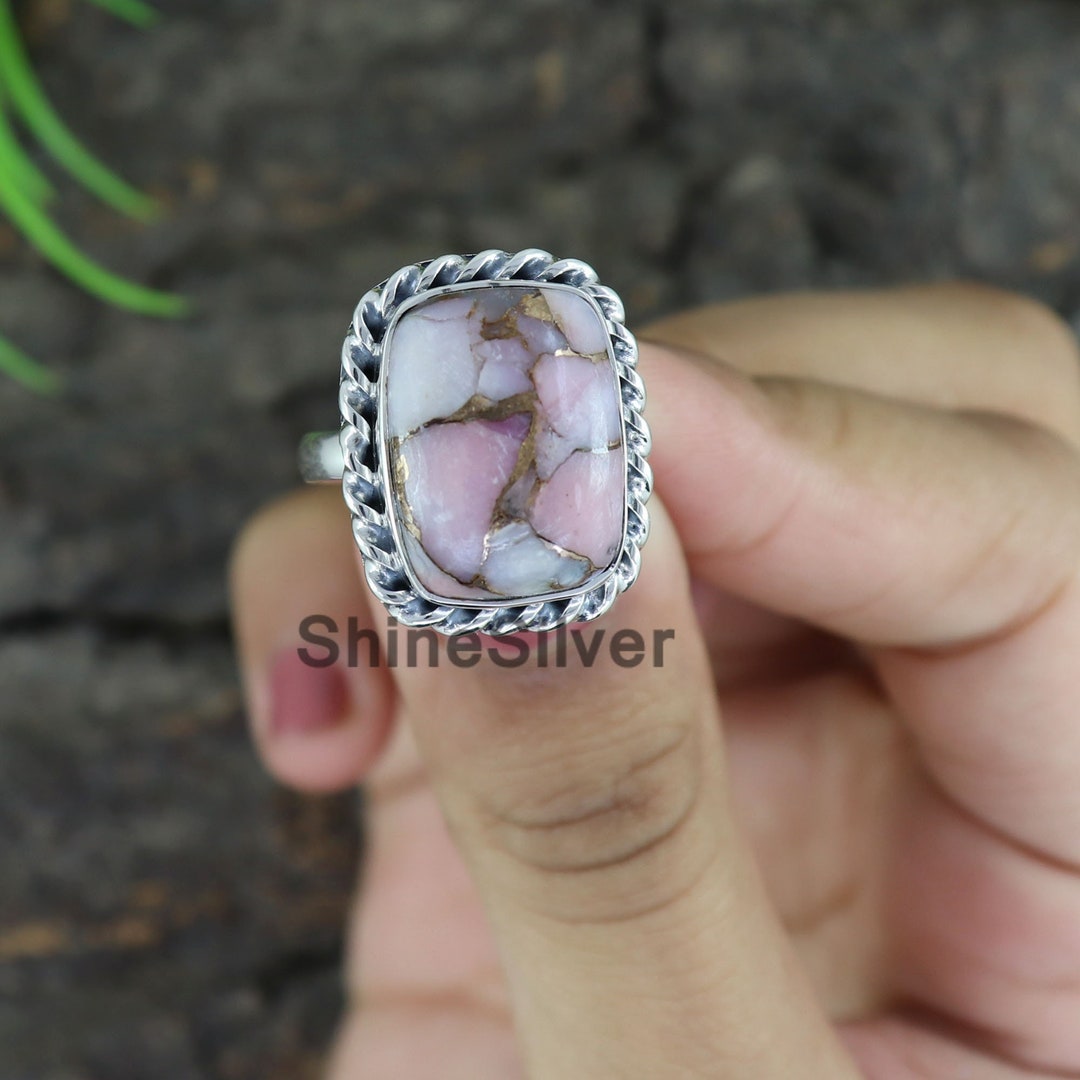Pink Opal Copper Turquoise Ring: Sterling Silver Boho Statement Ring - Etsy