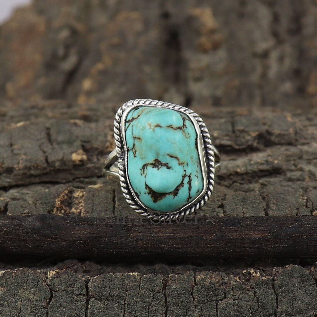 Raw Turquoise Ring, Boho Statement Ring, Bohemian Silver Ring, Wedding ...