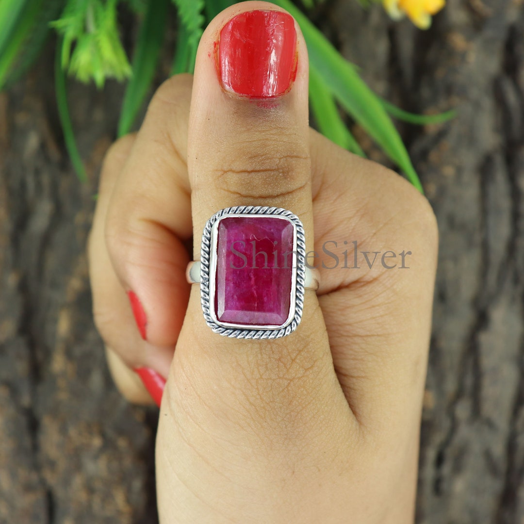 Large Raw Ruby Ring, Sterling Silver Ring, Bohemian Ring, Octagon Stone ...
