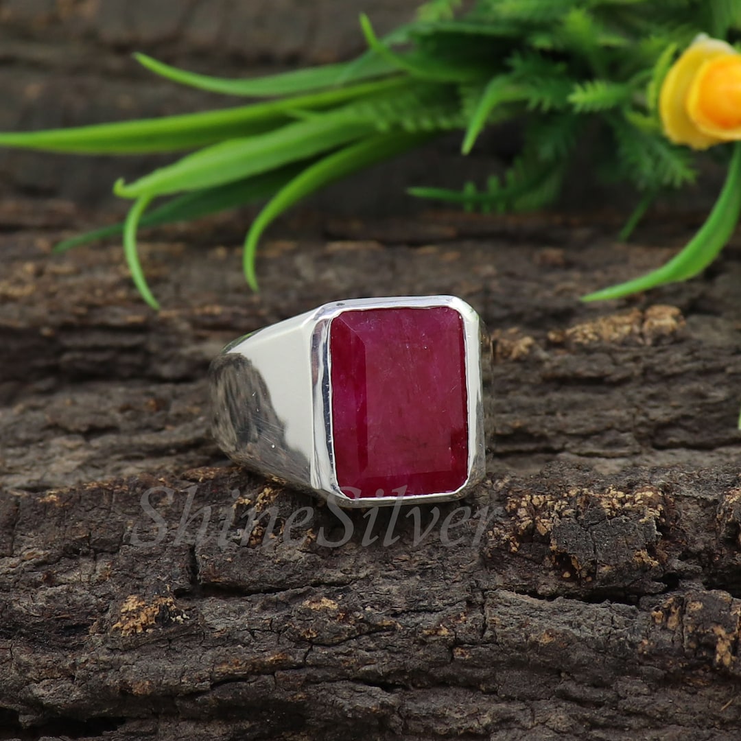 Ruby Ring, Sterling Silver Ring, Raw Ruby Mens Ring, Statement Silver Ring, Heavy Signet Mens ...