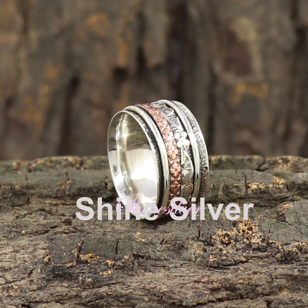 Three Tone Spinner Ring, Sterling Silver Spin Ring, Thumb Ring, Anxiety ...