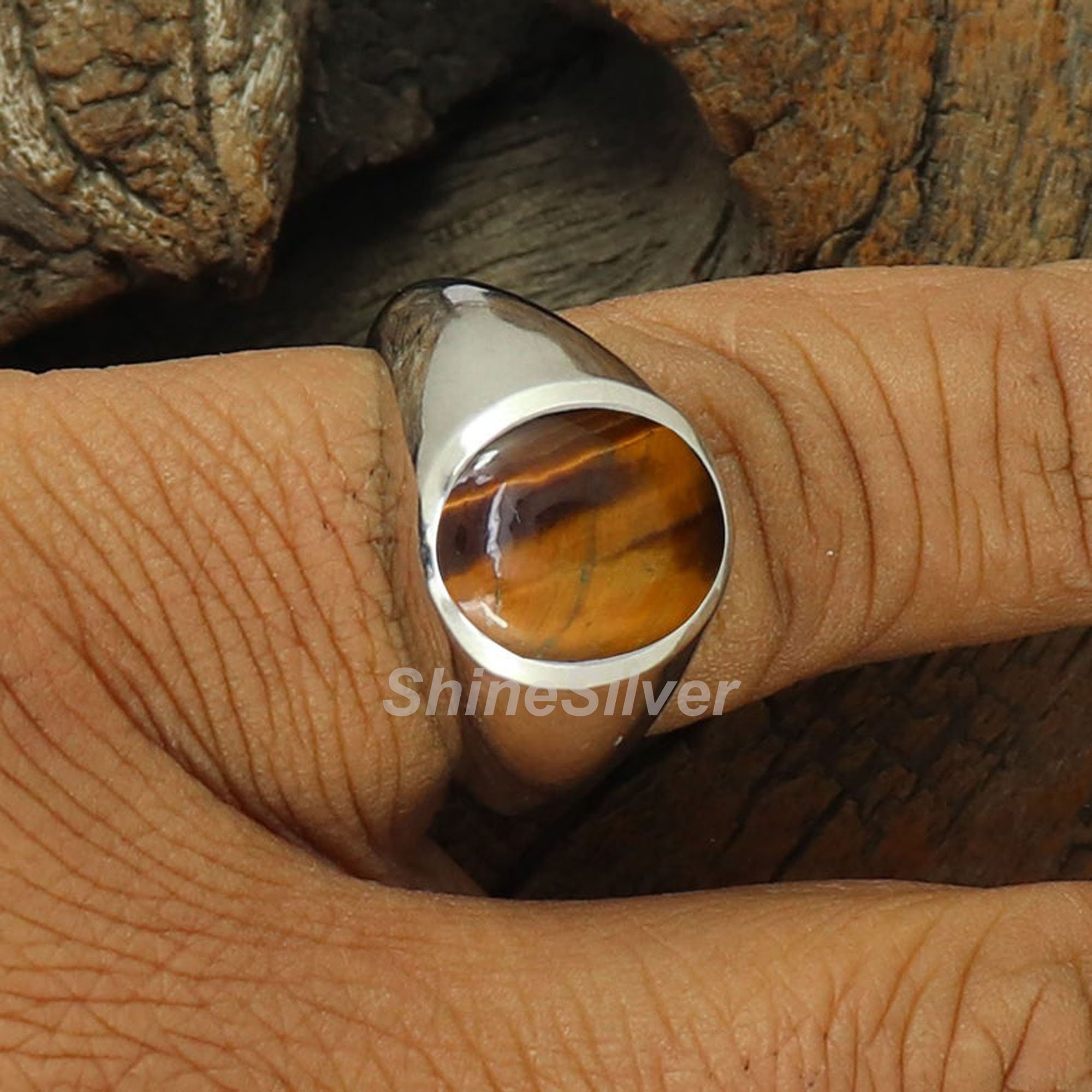 Tiger Eye Signet Ring: 925 Sterling Silver Men's Statement Ring - Etsy