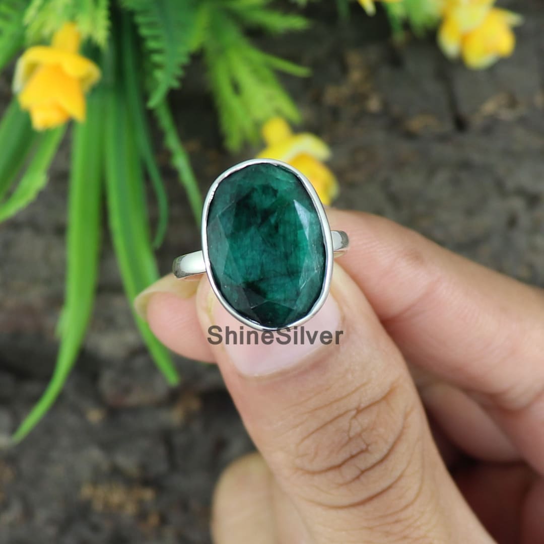 Large Raw Emerald Ring, Raw Emerald Cut Emerald Ring, Bohemian Sterling ...
