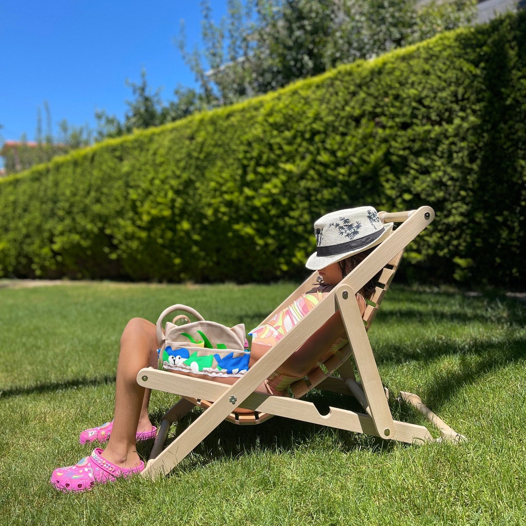 Wooden Folding Kids Sun Lounger, Adjustable Lounge Chair for Garden and ...