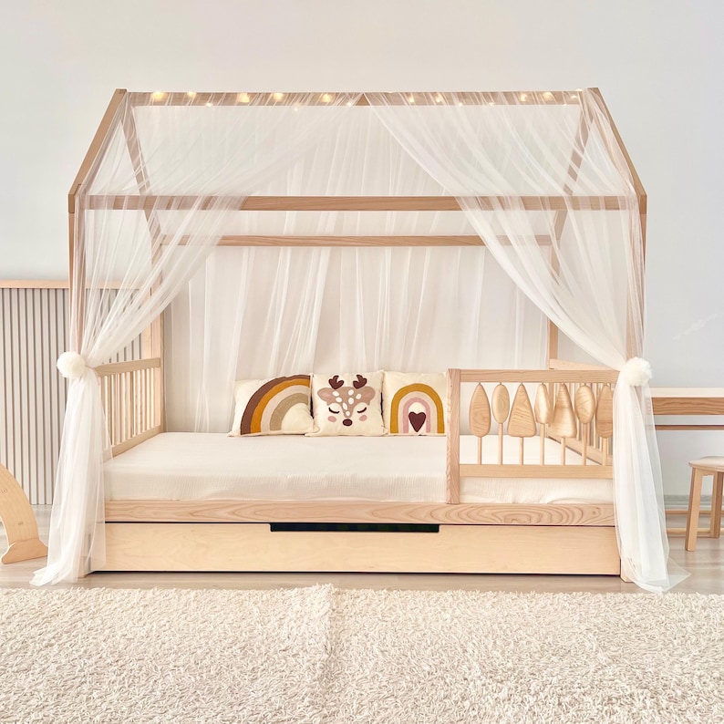 Tulle Canopy for Woodland House Montessori Bed With Optional Pompoms - Etsy