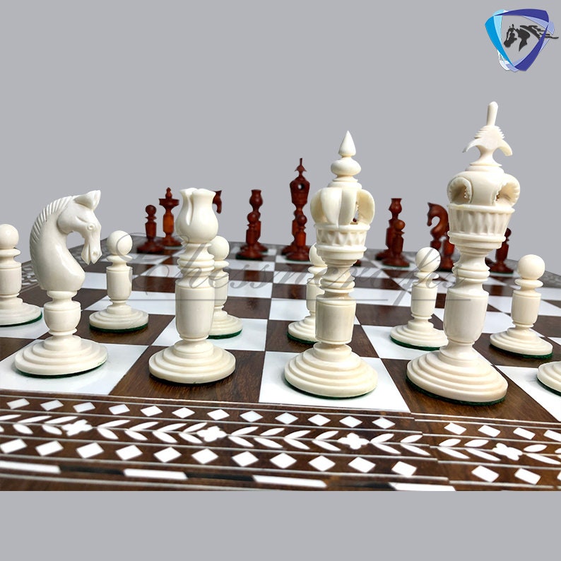 Combo Luxury Camel Bone Chess Pieces Set ANTIQUE- White & 18" INLAY Art ...