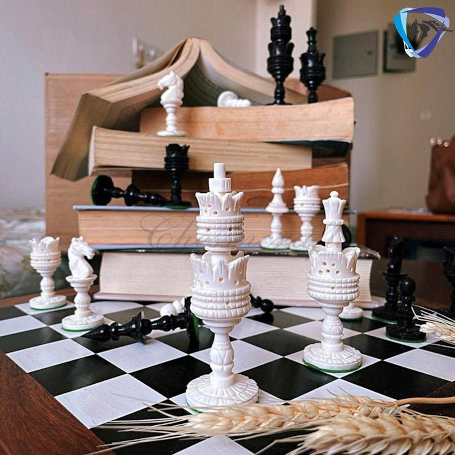 4.1" Camel Bone Chess Set Lotus Handmade Carved Chess Pieces | Chess ...