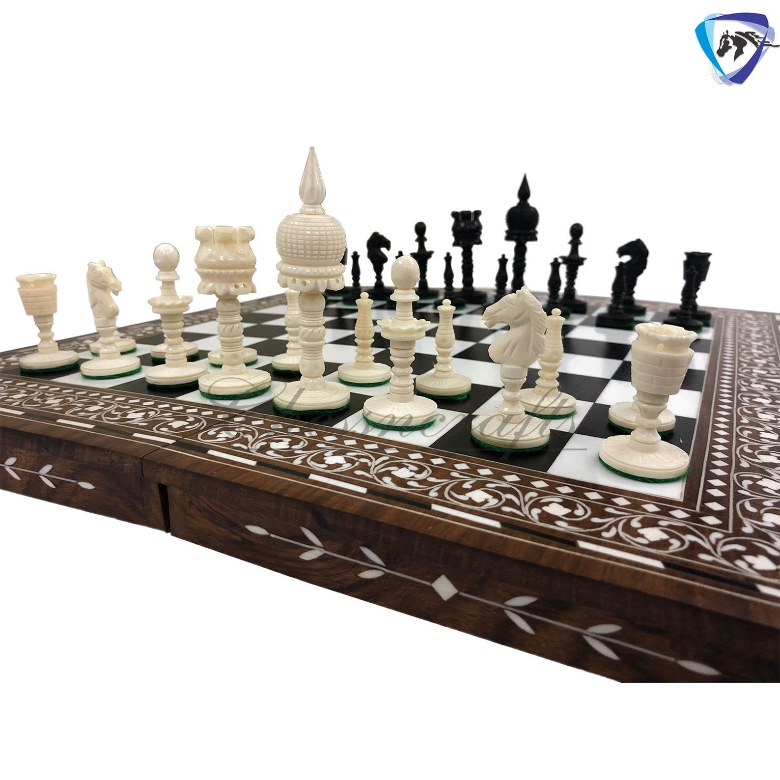 3.5" Camel Bone Chess Set Dome Hand Carved Chess Pieces With Inlaid Art ...