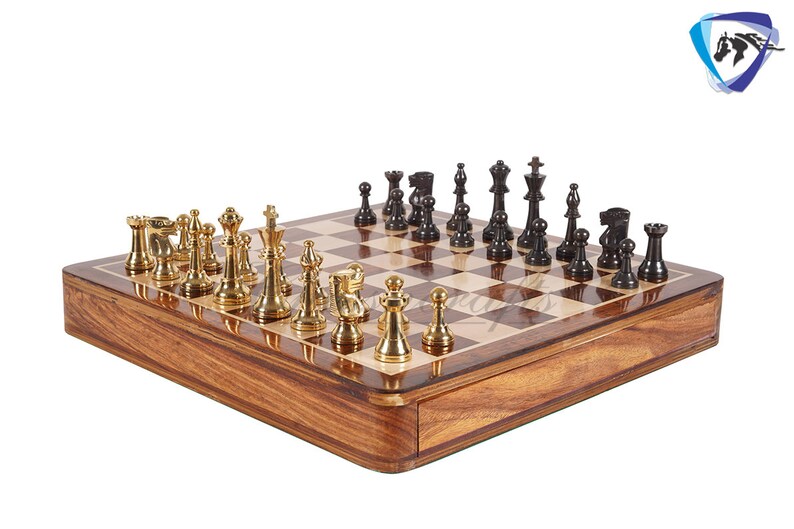 16" Brass Chess Board Set INTERNATIONAL Chess Pieces Black-gold and ...