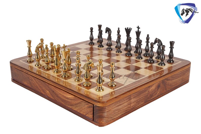 16" Brass Chess Board Set CLASSICAL Chess Pieces Black-gold and ...
