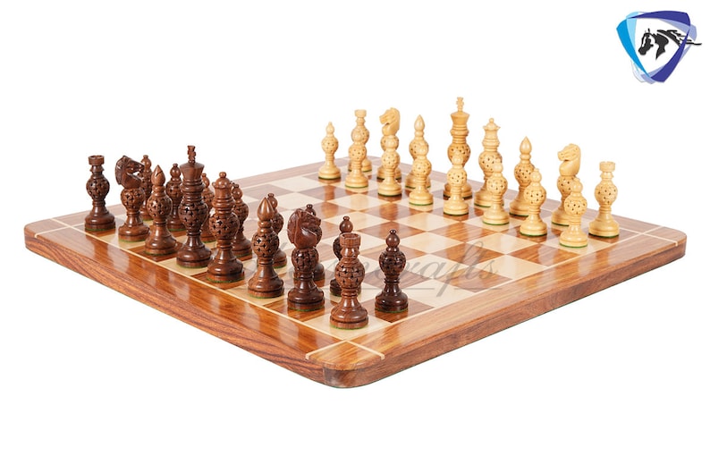 5" Wooden Chess Pieces Set INDIAN ARTISTIC Golden Rosewood- MESH Ball ...