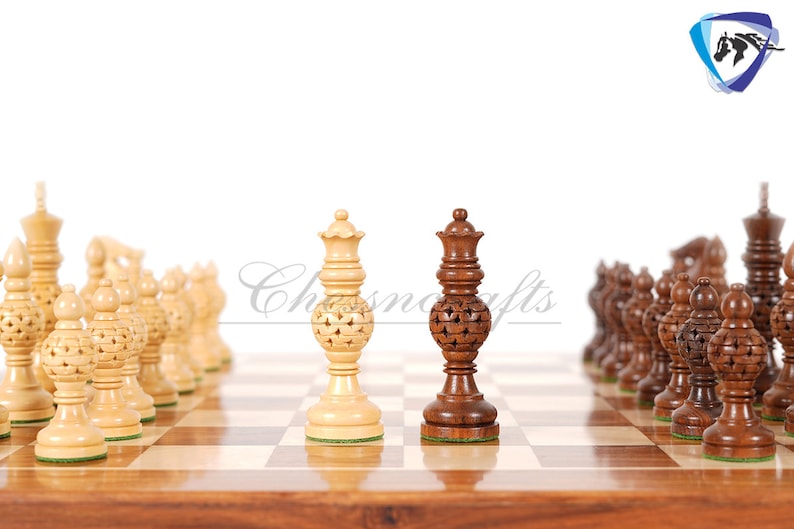 5" Wooden Chess Pieces Set INDIAN ARTISTIC Golden Rosewood- MESH Ball ...