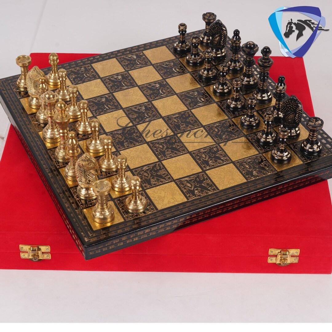 14" & 12" Brass Metal Chess Board Game Set Hand Carved With Brass Chess ...