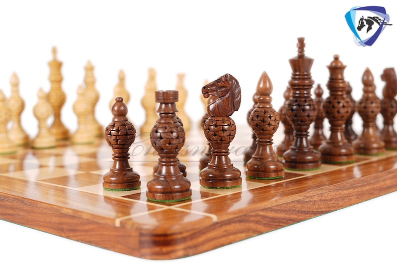 5" Wooden Chess Pieces Set INDIAN ARTISTIC Golden Rosewood- MESH Ball ...