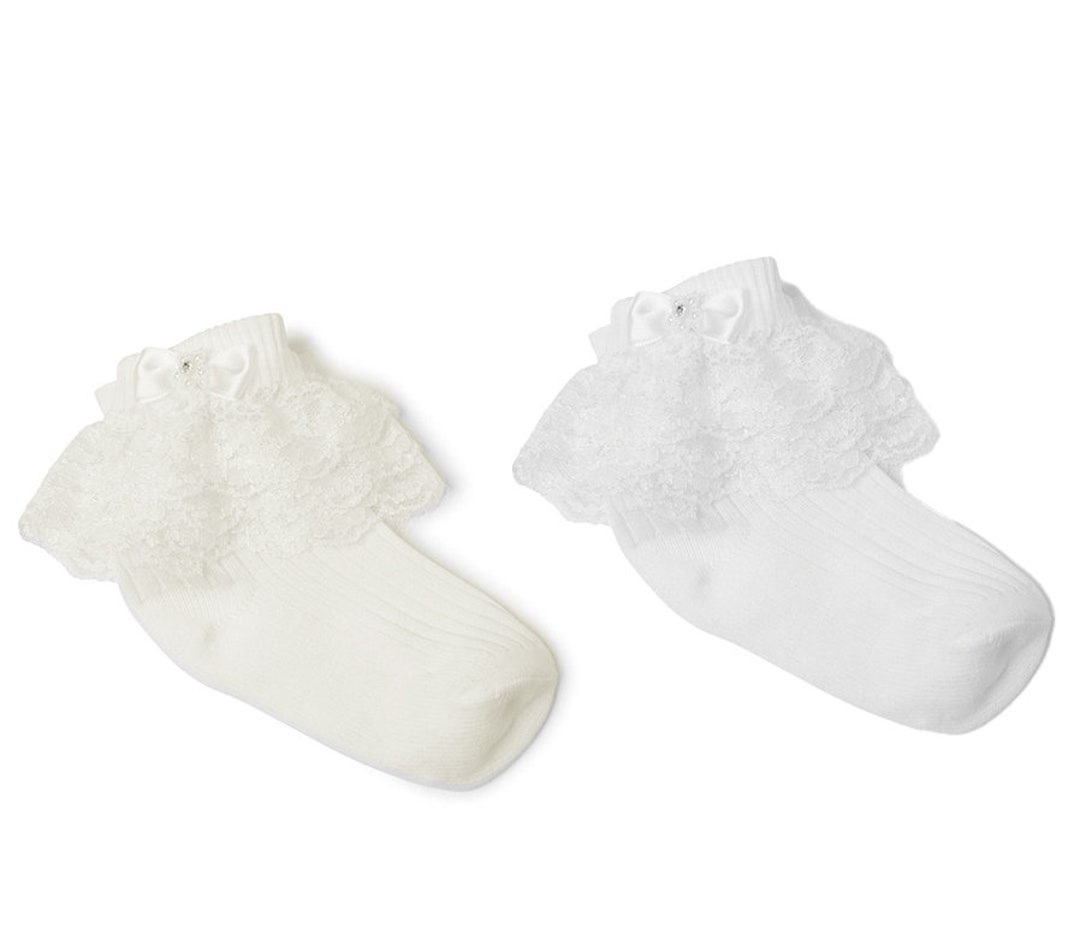 Girls Lace Frill Socks With Bow and Gem Detail Ideal for Christenings ...