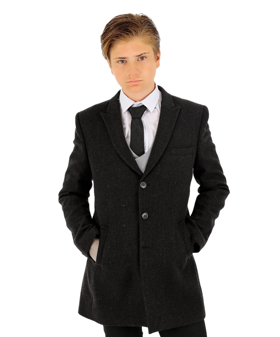 Boys Dark Brown and Black Wool Tweed Patterned Midi Smart Casual Formal ...
