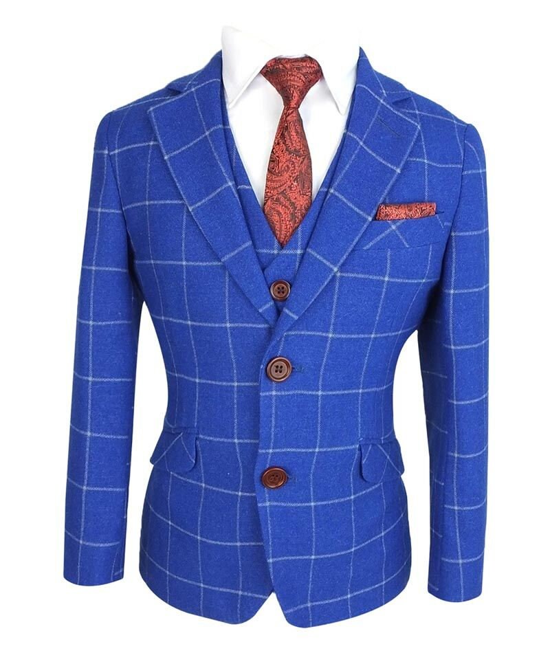 Boys Exclusive Woven Effect Royal Blue Window Pane Check Suit - Etsy