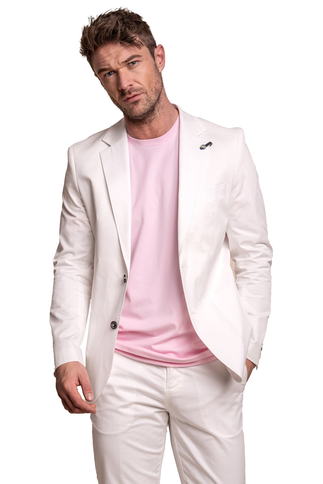 Summer Spring Mens Suit Wedding Slim Fit Cotton Jacket and Trousers ...