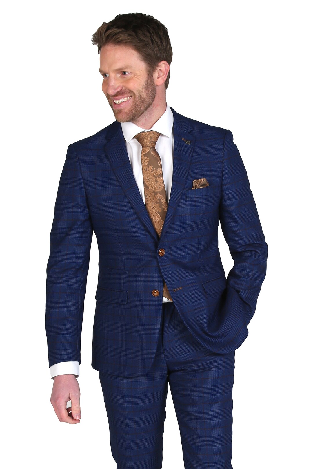 Mens Plaid Check Suit Tailored Fit Royal Blue Formal Wedding Business ...