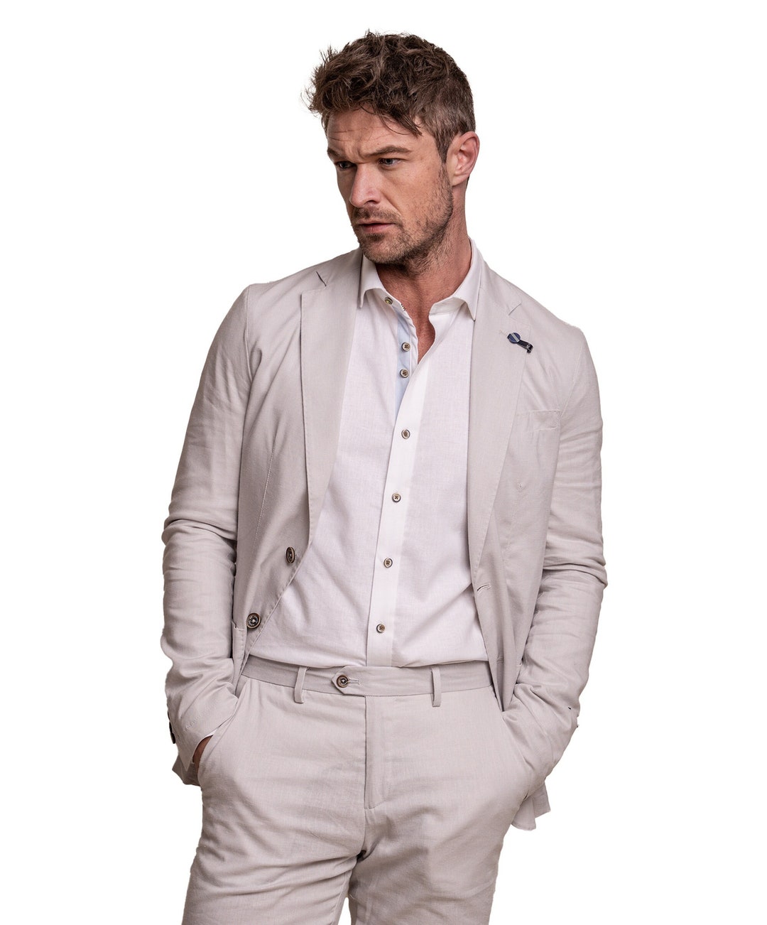 Summer Spring Mens Suit Wedding Slim Fit Linen 2 Piece Set in Stone - Etsy