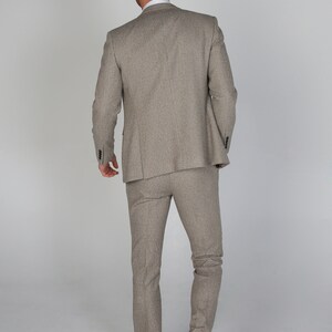 Mens Tweed Check Tailored Fit Beige Suit Formal Wedding Business 3 ...