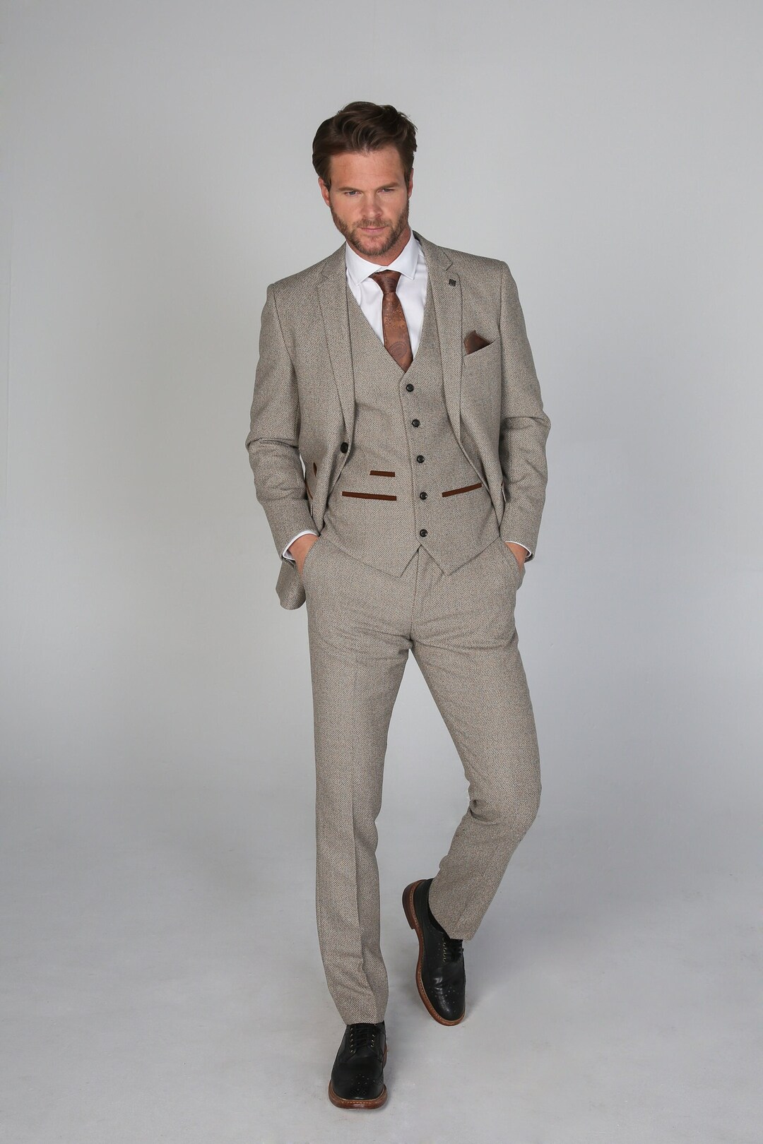 Mens Tweed Check Tailored Fit Beige Suit Formal Wedding Business 3 ...