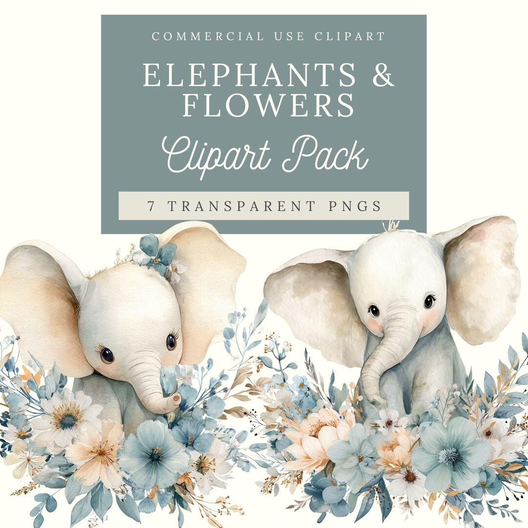 Cute Flowers and Elephant Clipart| Cute Elephant Clipart Bundle| Baby ...
