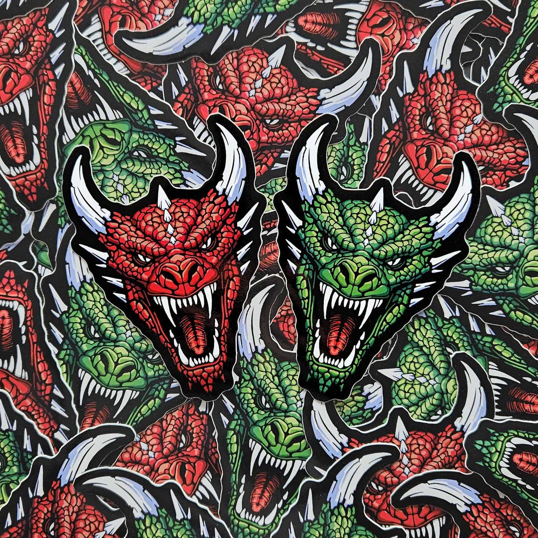 Western Dragon Sticker - Horned Wyvern Glossy Vinyl - Red & Green Wyrm ...
