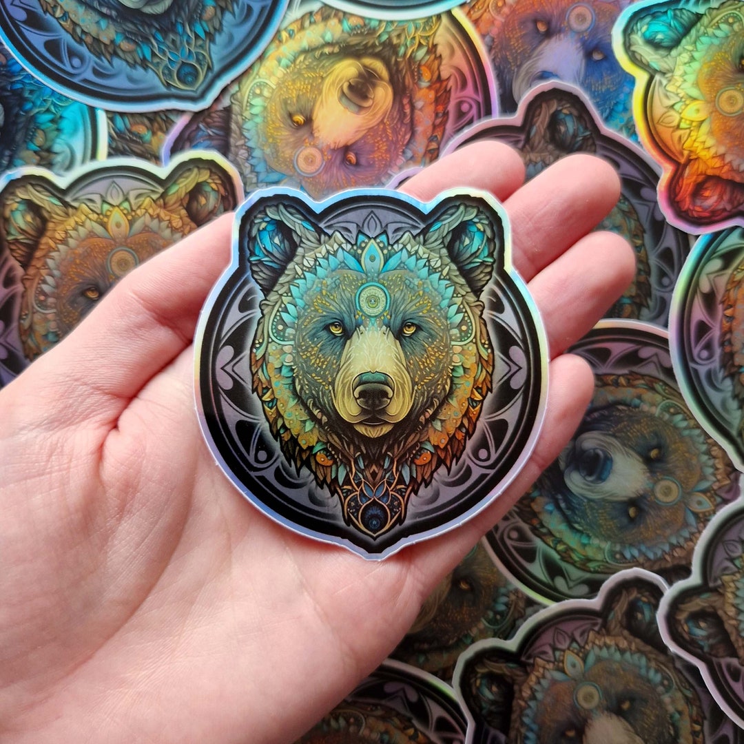 Bear Mandala Stickers Holographic Bears Vinyl Decal With Floral Pattern ...