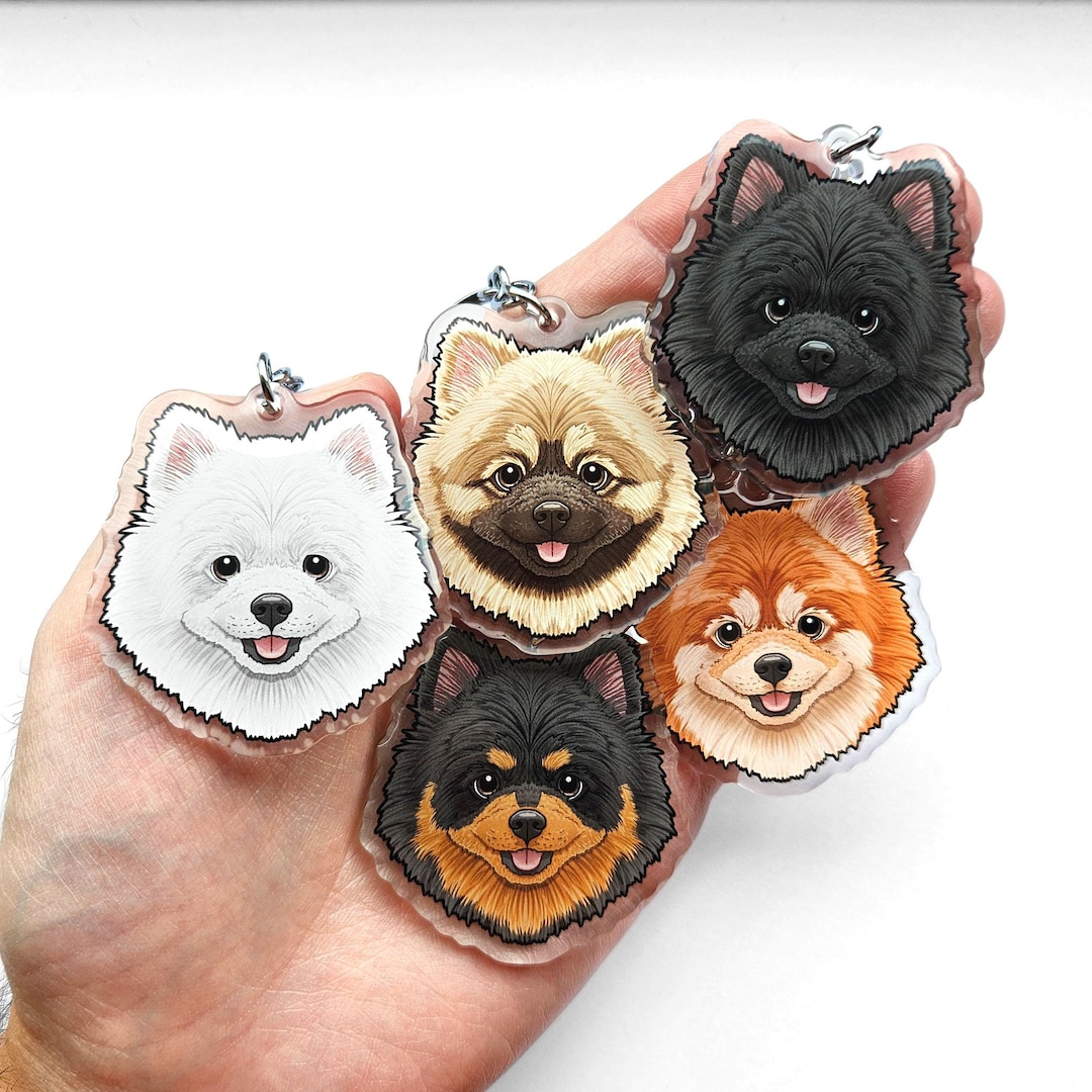 Pomeranian Keyrings & Pom Dog Collar Charms Black White Cream Tan Red ...