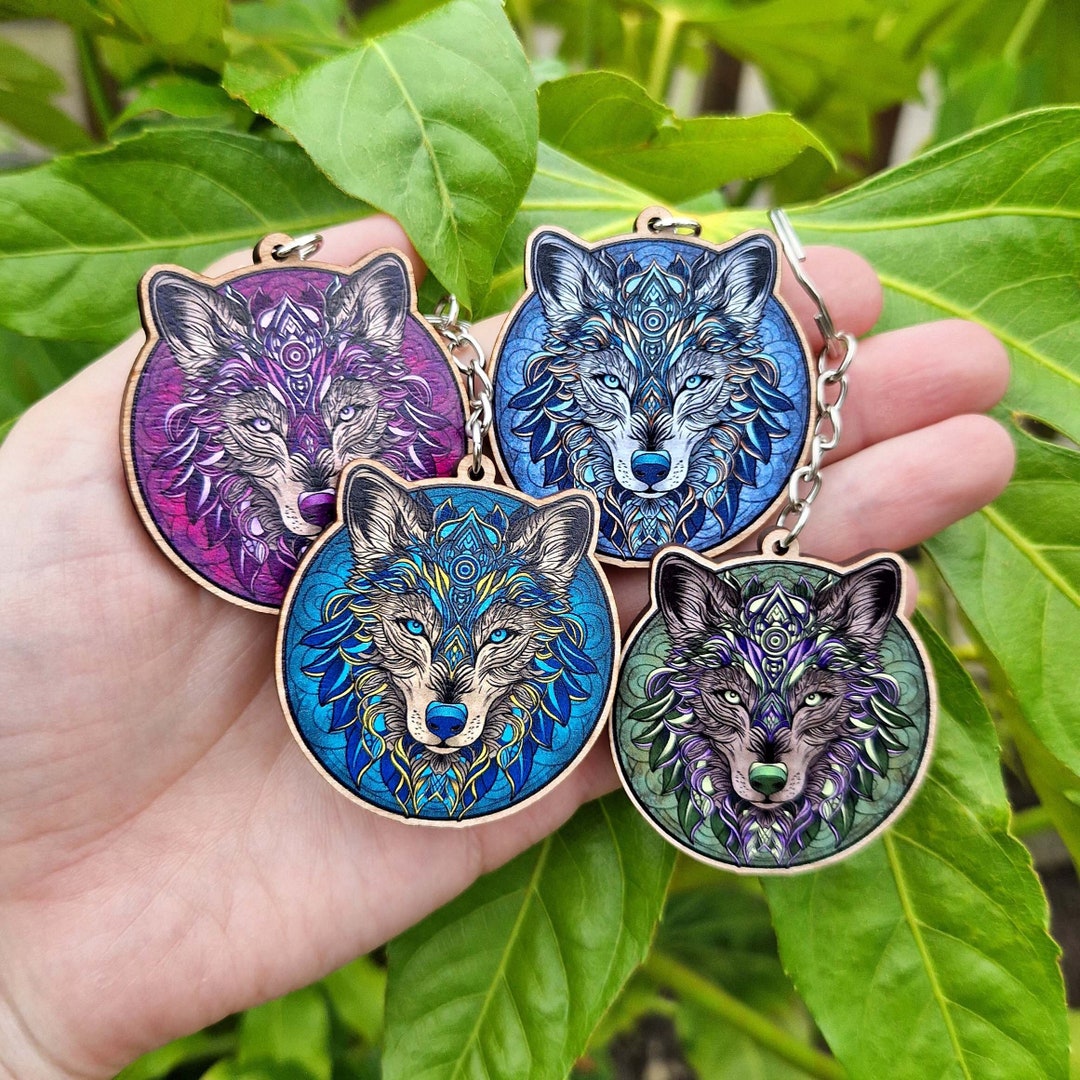 Wolf Mandala Wooden Keyrings Wildlife Nature Floral Wood Charms Eco ...