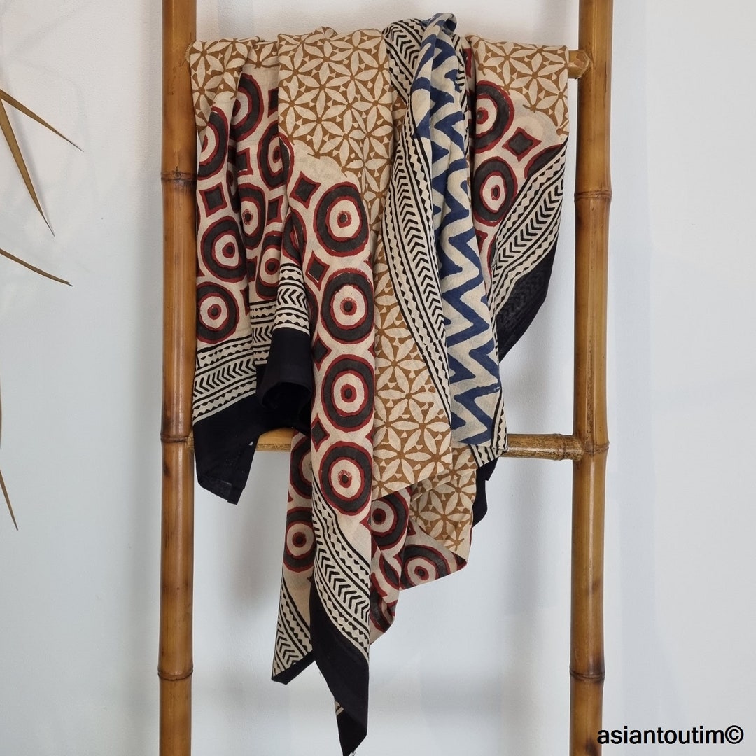 Large Block Print Scarf Bagru 25.2, Stole, Pareo by Asiantoutim - Etsy