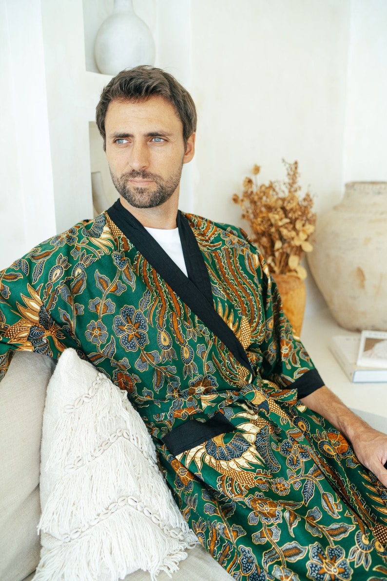Green Batik Cotton Kimono Robe Jacket, Bali Dressing Gown, Mens Kimono ...