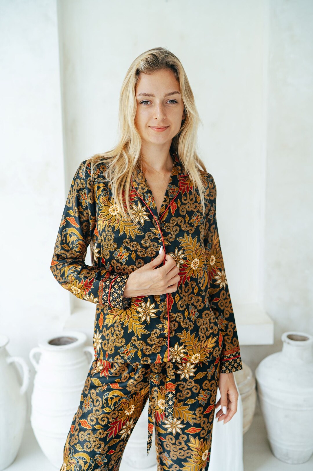 Black Silk Blend Pyjama Set, Satin Nightwear, Unique Gift for Her ...