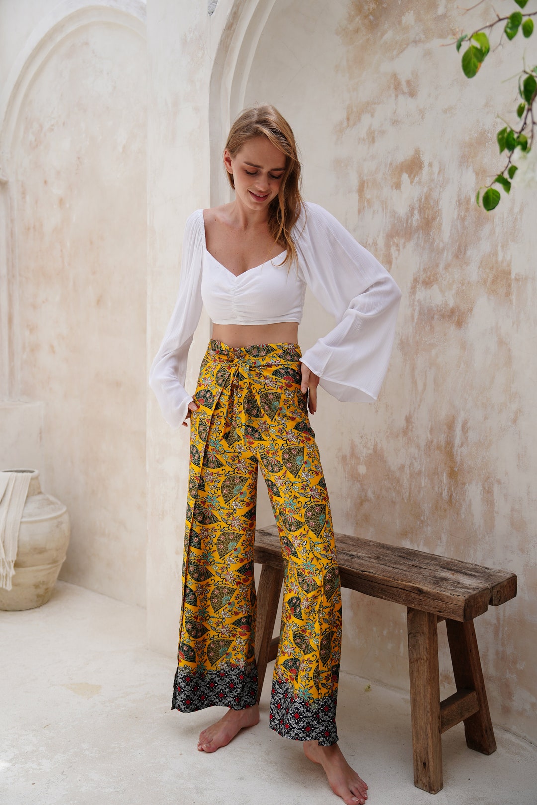 Yellow Satin Wrap Around Trousers, Wrap Pants, Palazzo Pants, Flares ...