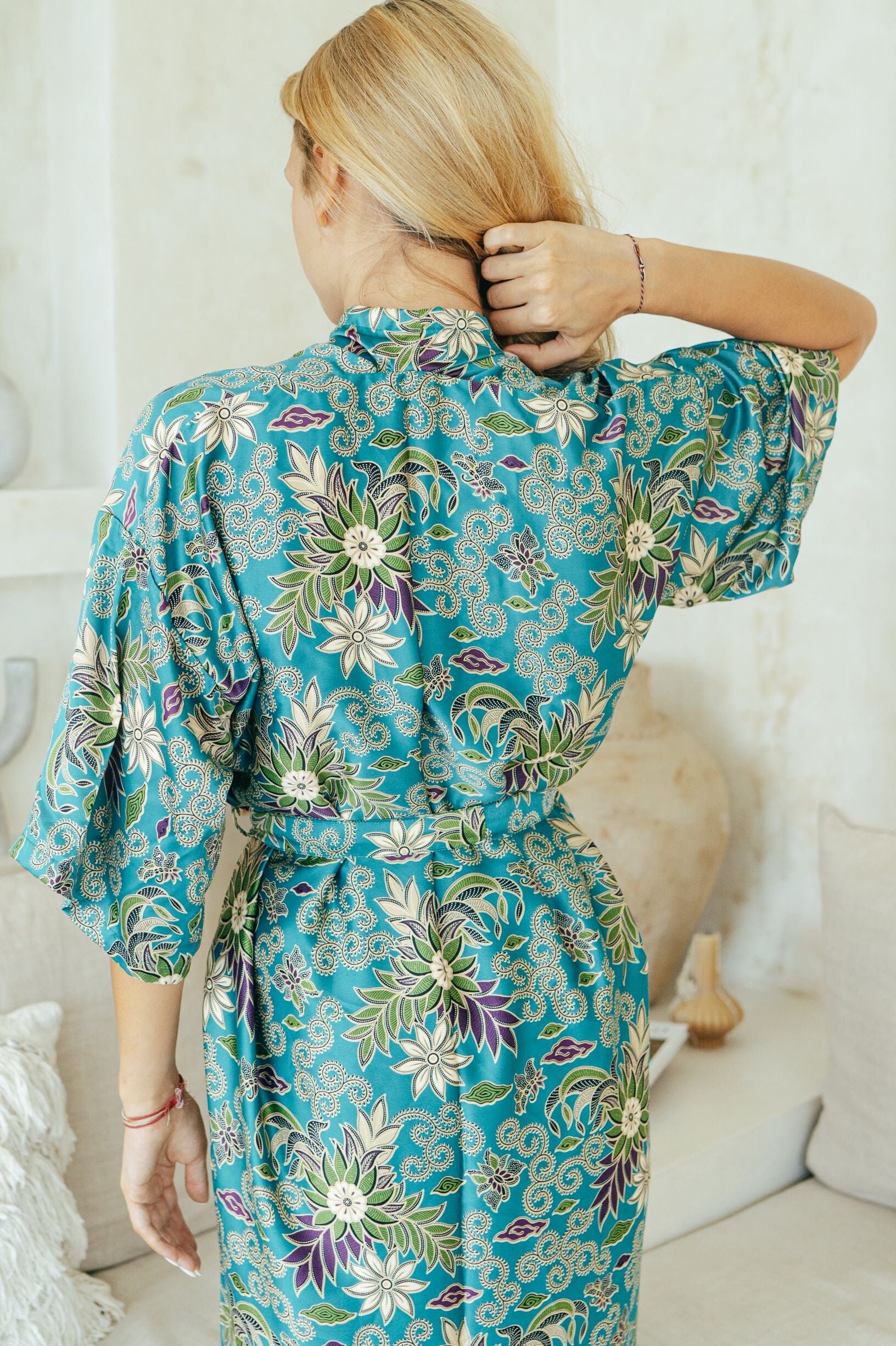 Long Turquoise Silk Kimono Robe Jacket Paisley Floral Boho - Etsy