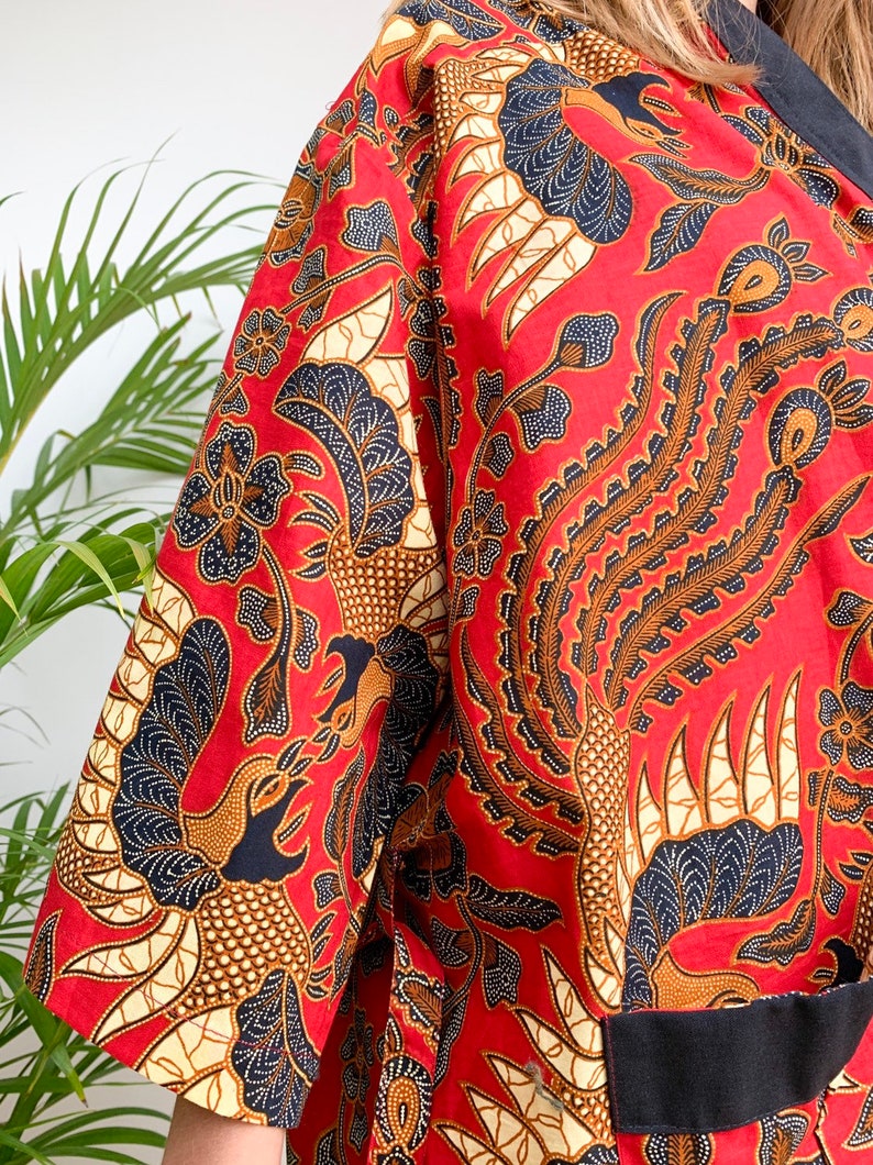Red Cotton Kimono Robe Jacket Batik Oriental Dressing Gown | Etsy
