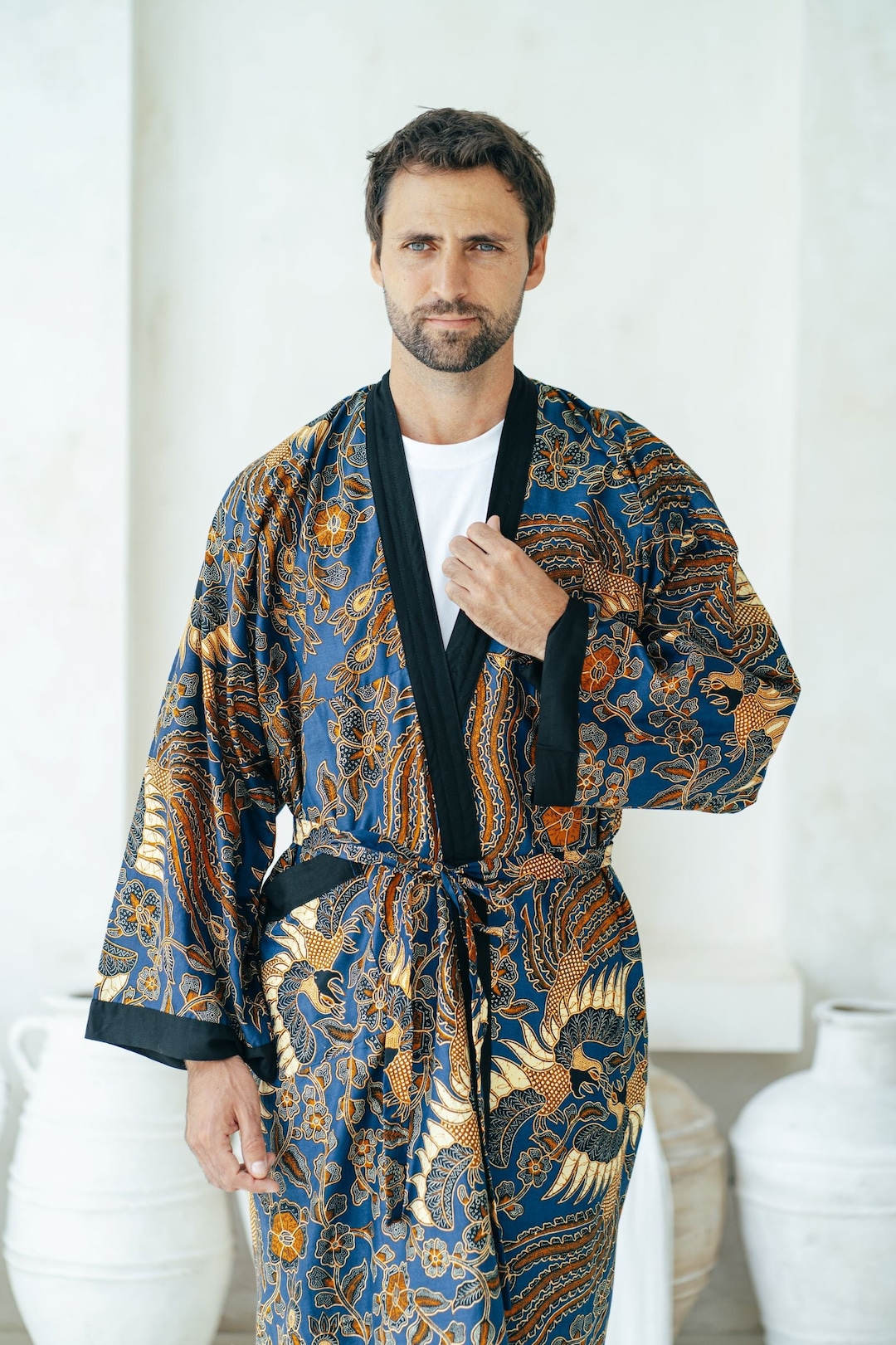 Royal Blue Cotton Full Length Batik Kimono Robe Jacket, Dressing Gown ...
