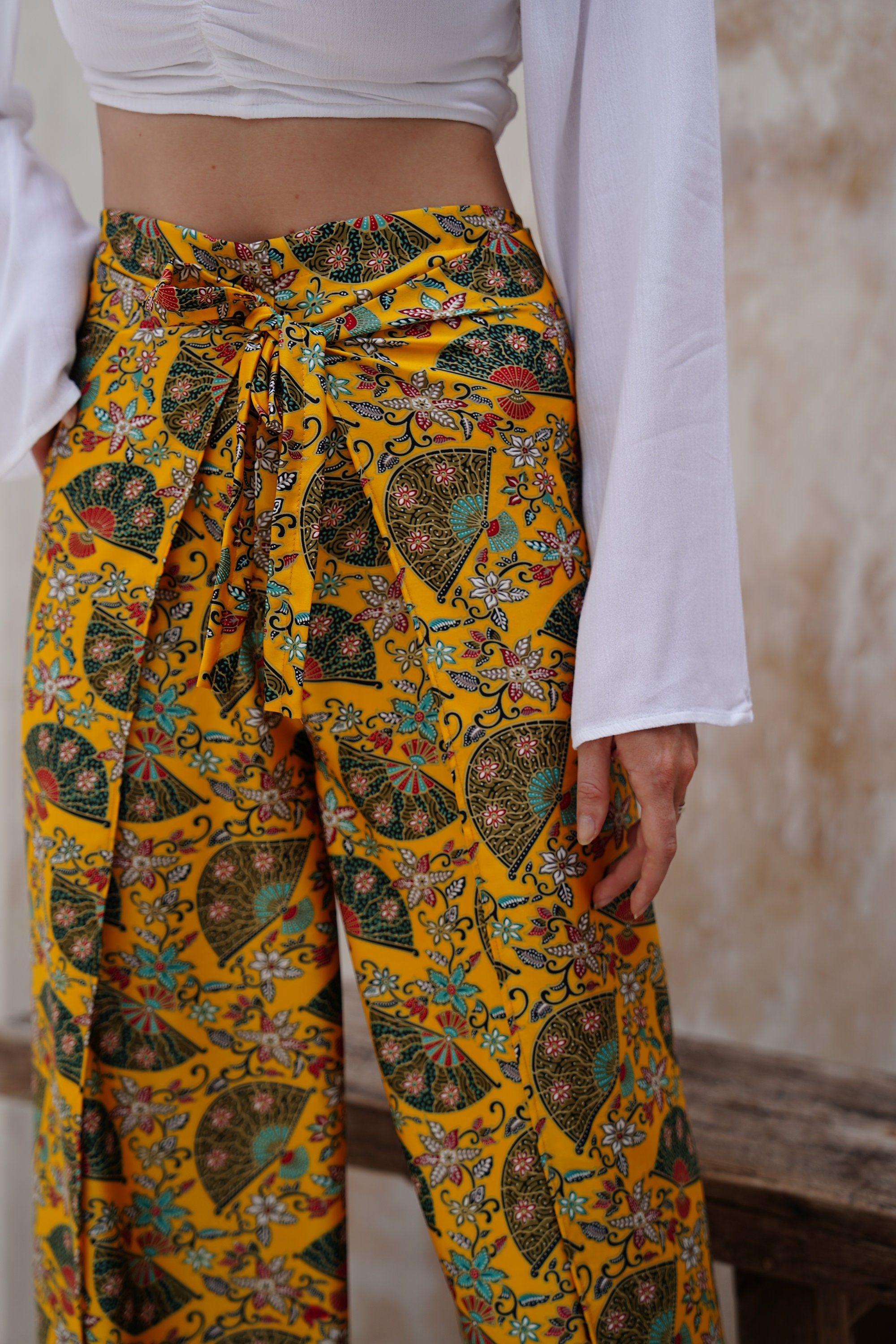 Yellow Satin Wrap Around Trousers, Wrap Pants, Palazzo Pants, Flares ...
